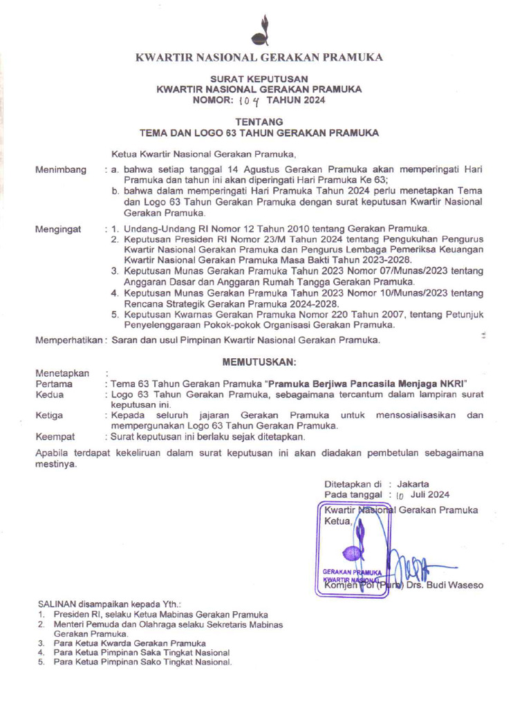 SK No 104 Tahun 2024 Tentang Tema Dan Logo 63 Tahun Gp | PDF