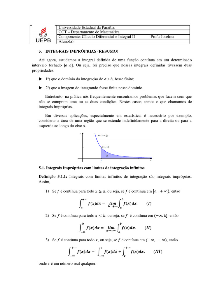 Resumo Integrais Impróprias 2024 | PDF | Limite (Matemática) | Integrante