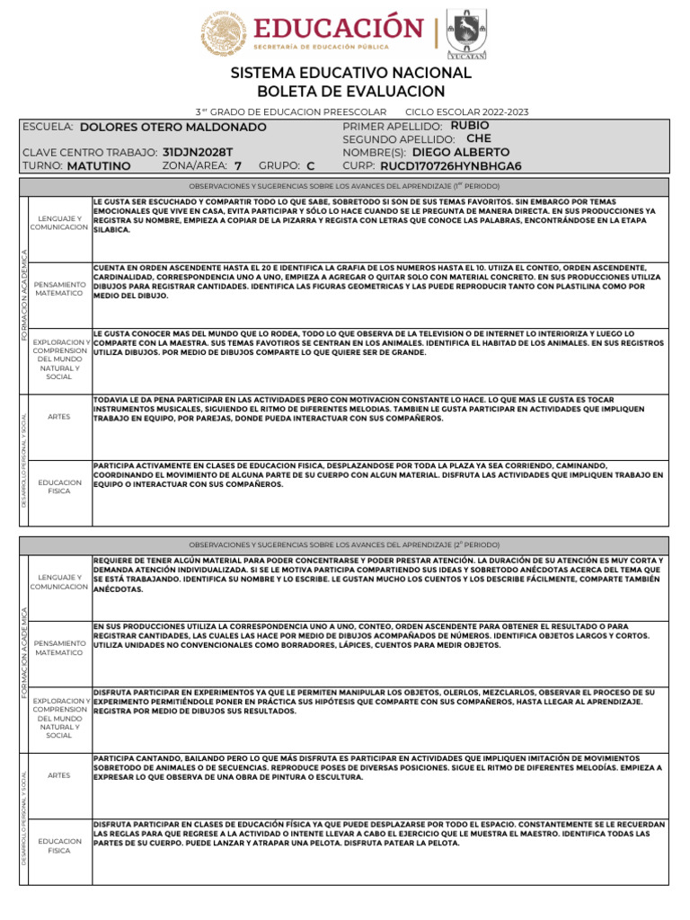 Boleta Diego 3 Kinder | PDF | Aprendizaje | Educación de la primera ...