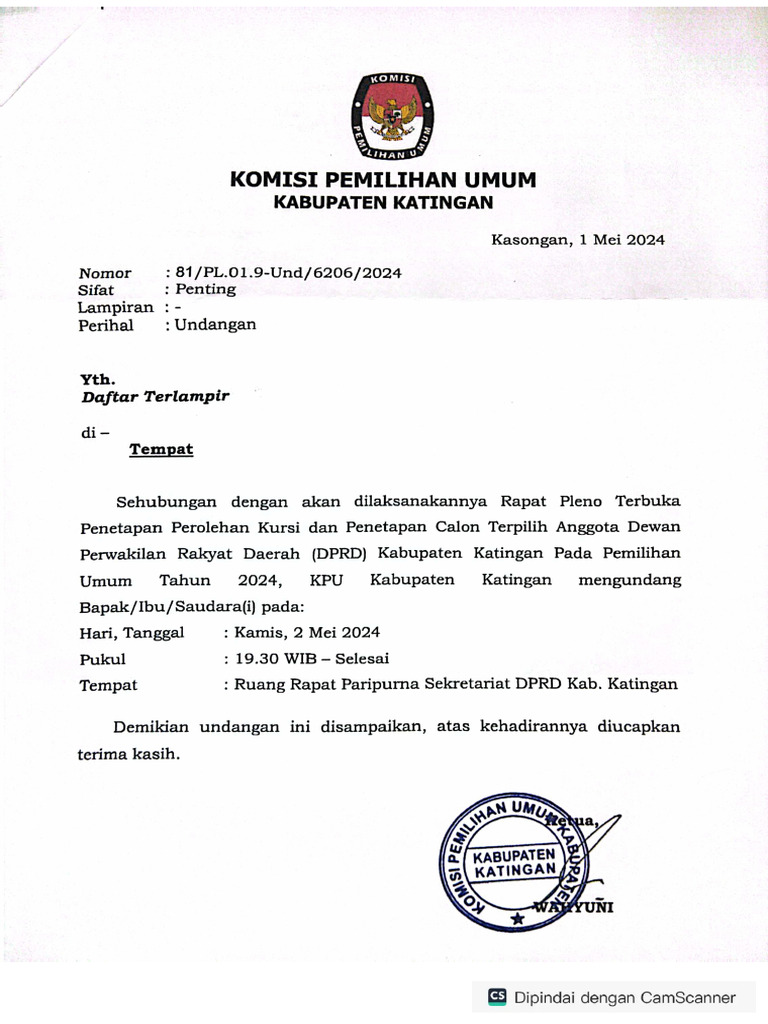 Undangan Rapat Pleno Terbuka Penetapan Perolehan Kursi Dan Calon ...