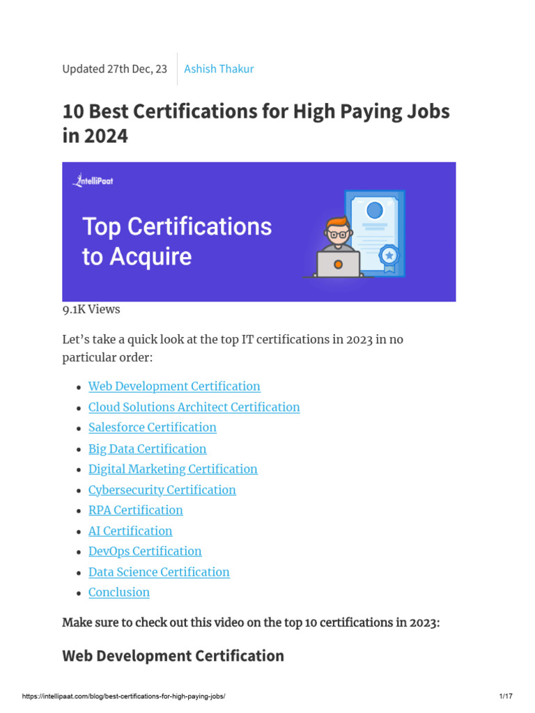 10 Best Certifications For High Paying Jobs in 2024 - Intellipaat | PDF ...