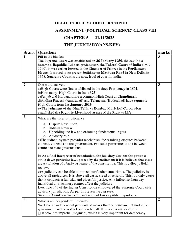 LESSON 5 POL - Sc. Assignment Ans. Key | PDF | Judiciaries | Supreme ...