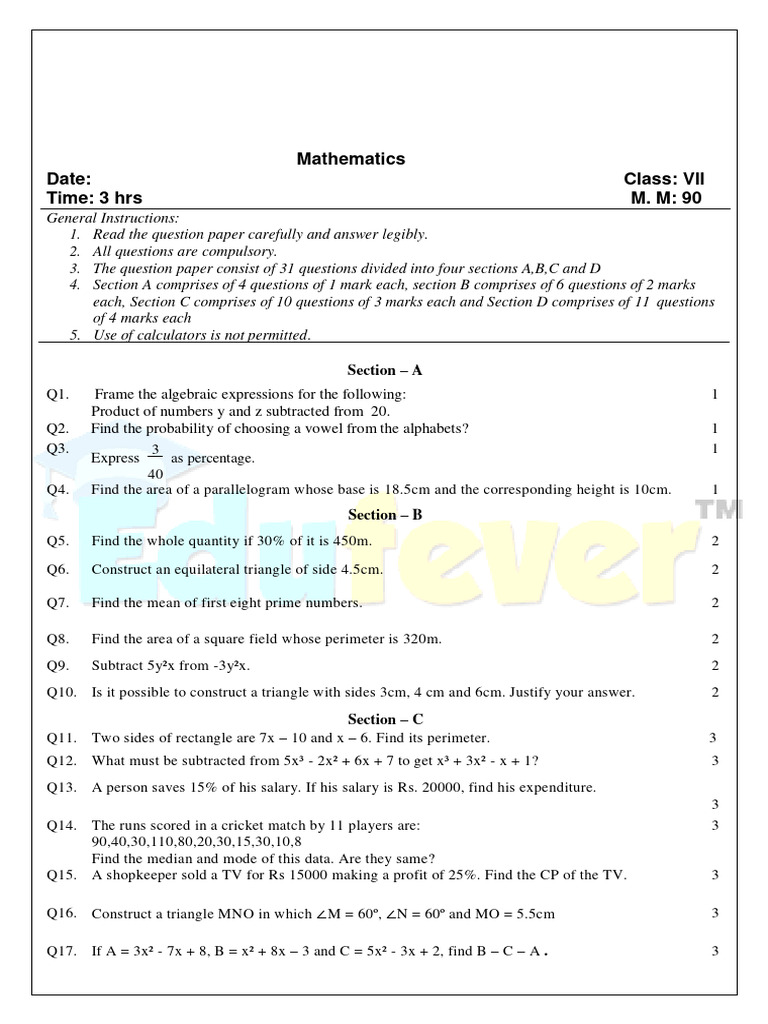 Maths Previous Year Question Papers 5 | PDF | Area | Rectangle