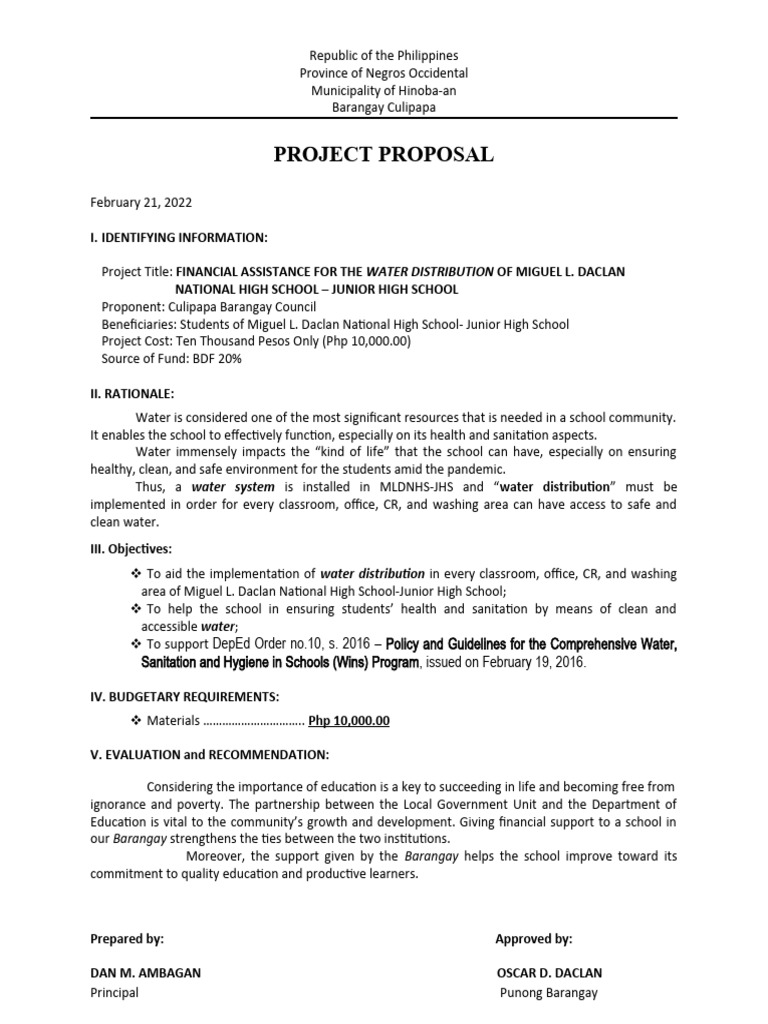 Water Distribution Project Proposal for MLDNHS | PDF | Sanitation