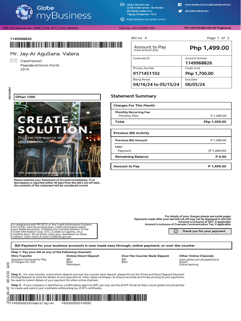 Globe Account Statement Summary | PDF | Value Added Tax | Banks