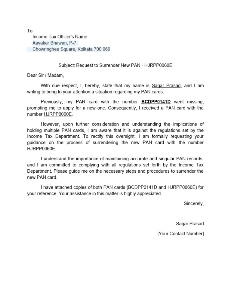 Pan Card Surrender Letter | PDF