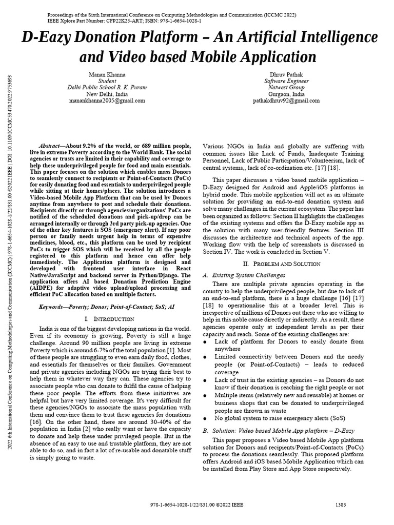 D-Eazy Donation Platform An Artificial Intelligence and Video Based Mobile Application | PDF ...