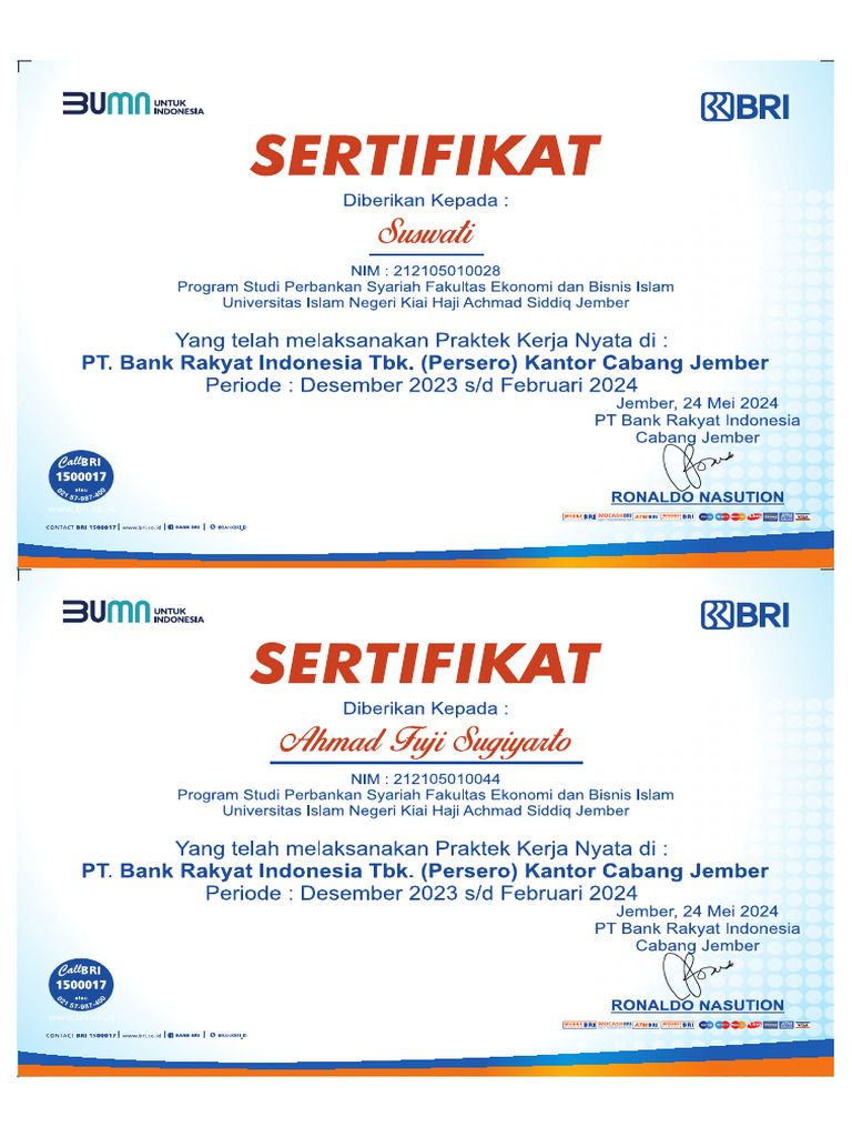 Print Linen Sertifikat PKN BRI, 7 Page, Printing 1X | PDF