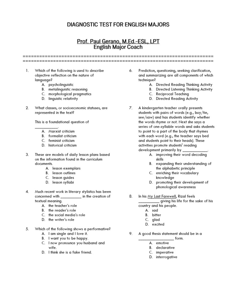 Diagnostic Test For English Majors | PDF | English Language | Language ...