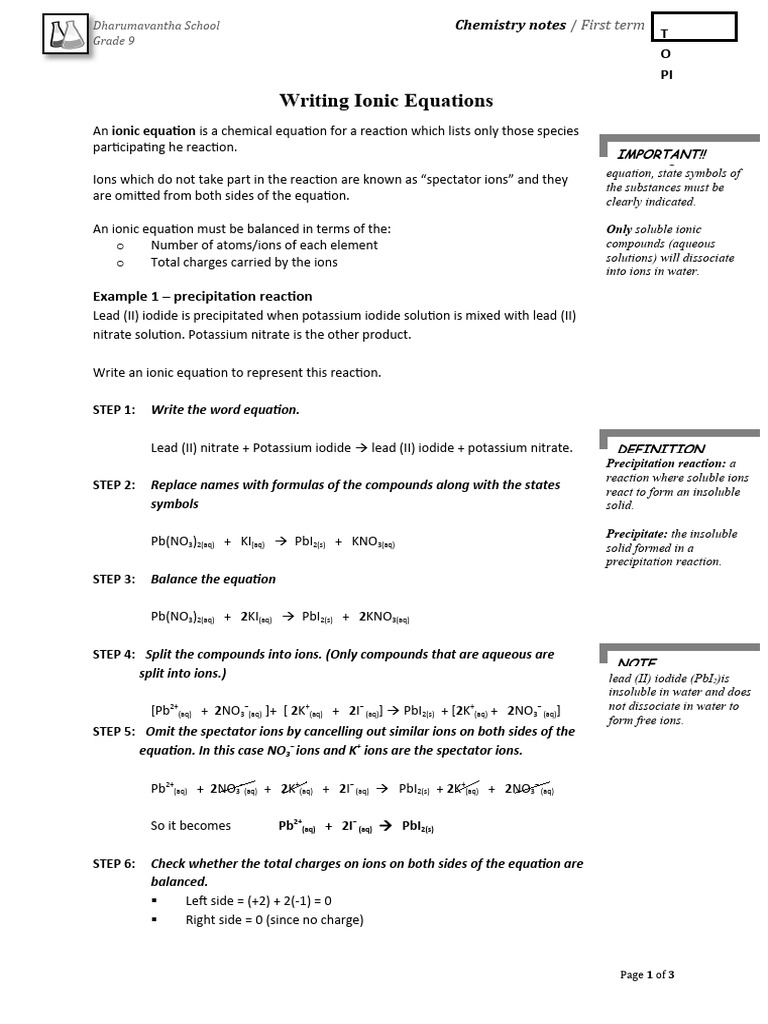 Writing Ionic Equations | PDF | Precipitation (Chemistry) | Acid