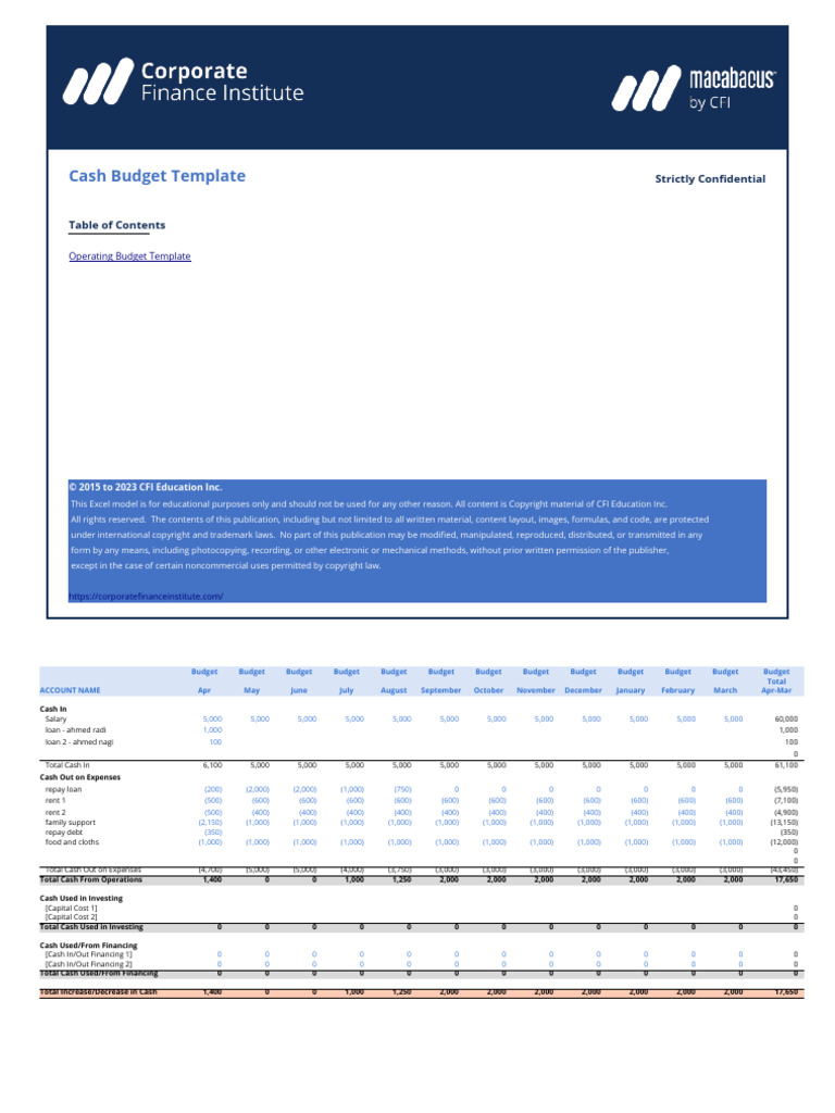 Cash Budget Template Pdf Expense Copyright