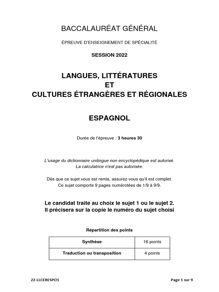 Baccalaur-At-G-N-Ral-2022 - Langues-Litt-Ratures-Et-Cultures-Trang-Res-Et-R-Gionales - Espagnol ...