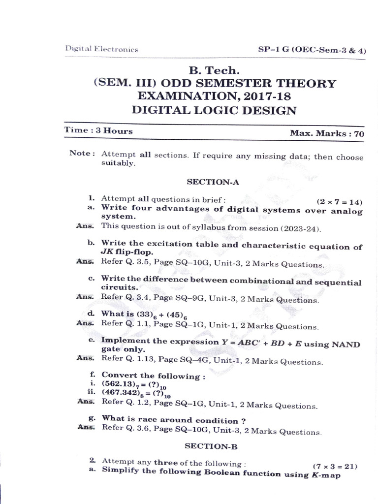 (Sem. Iii) Odd Semester Theory EXAMINATION, 2017-18: Time:3 Hours Digital Logic Design | PDF ...