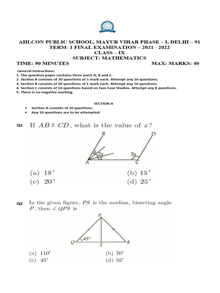 Class Ix - Term 1 Final Exam Mathematics | PDF