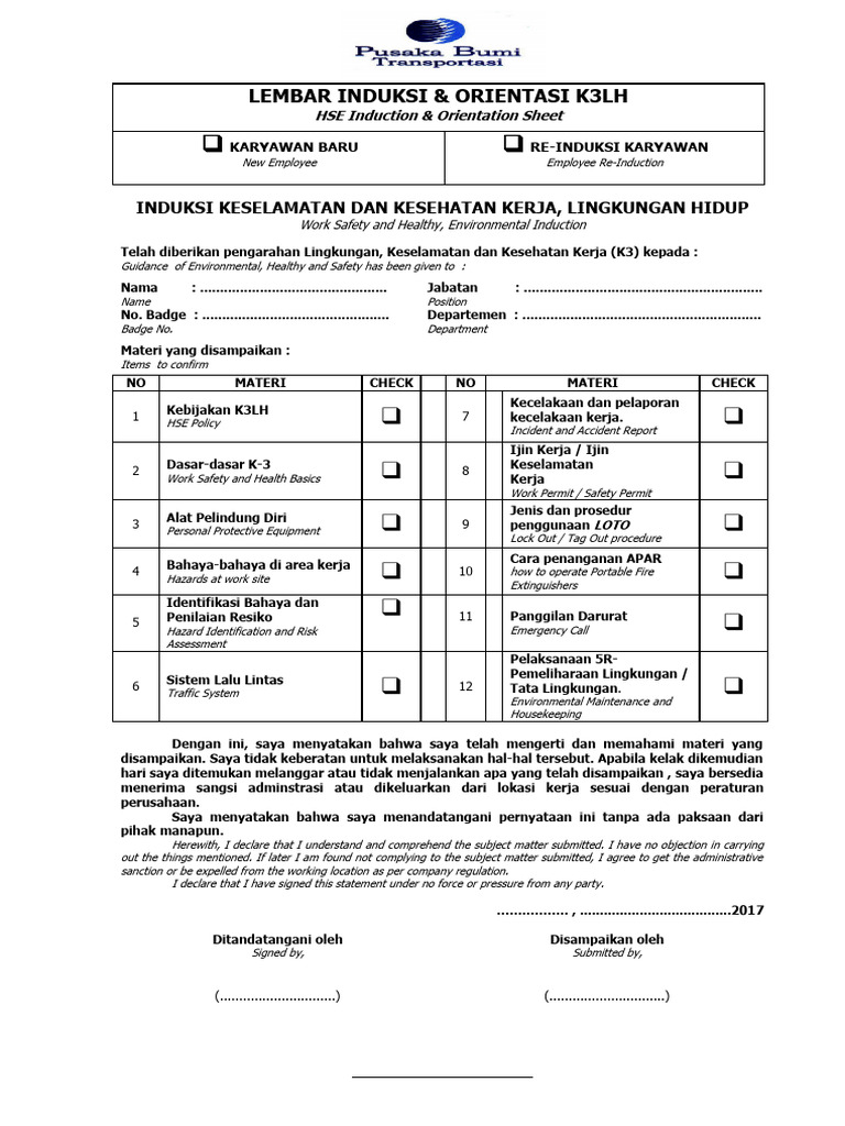 SDL-DOK IV-FORM-74-R0 Lembar Induksi Dan Orientasi K3LH | PDF