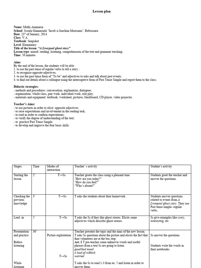 Lesson Plan 5th A | PDF | Grammatical Tense | Reading Comprehension