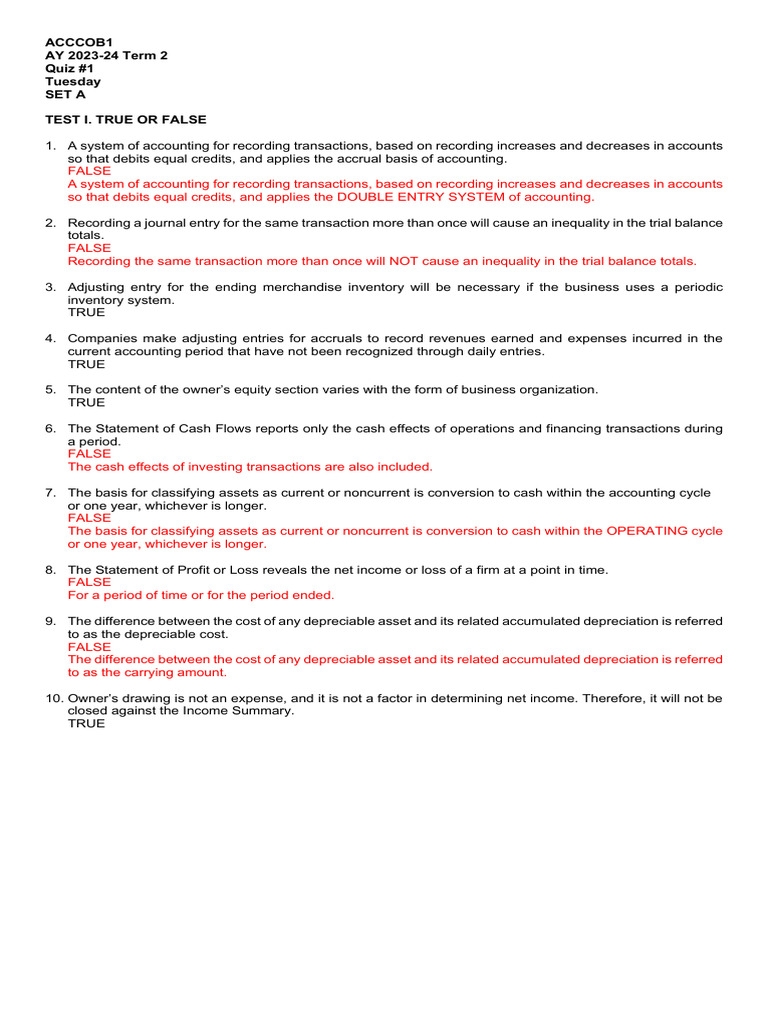 ACCCOB1 - Quiz #1 - Tuesday - Set A - Answer Key | PDF | Debits And Credits | Expense