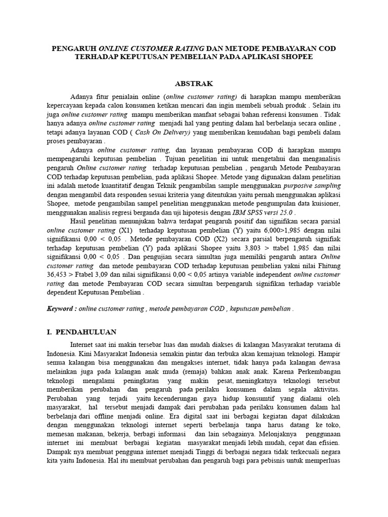 Jurnal Pengaruh Online Customer Rating Dan Metode Pembayaran Cod Terhadap Keputusan Pembelian ...