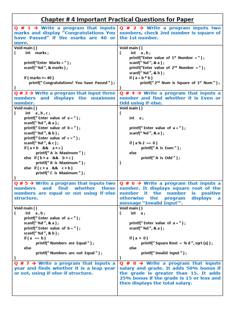 Important Prgms CH 4 For Paper | PDF | Computing | Computer Programming