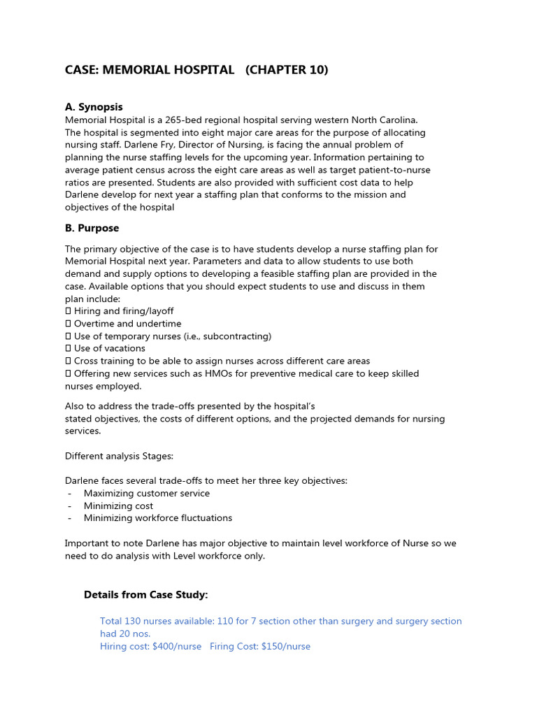 CASE STUDY MEMORIAL HOSP | Download Free PDF | Nursing | Hospital