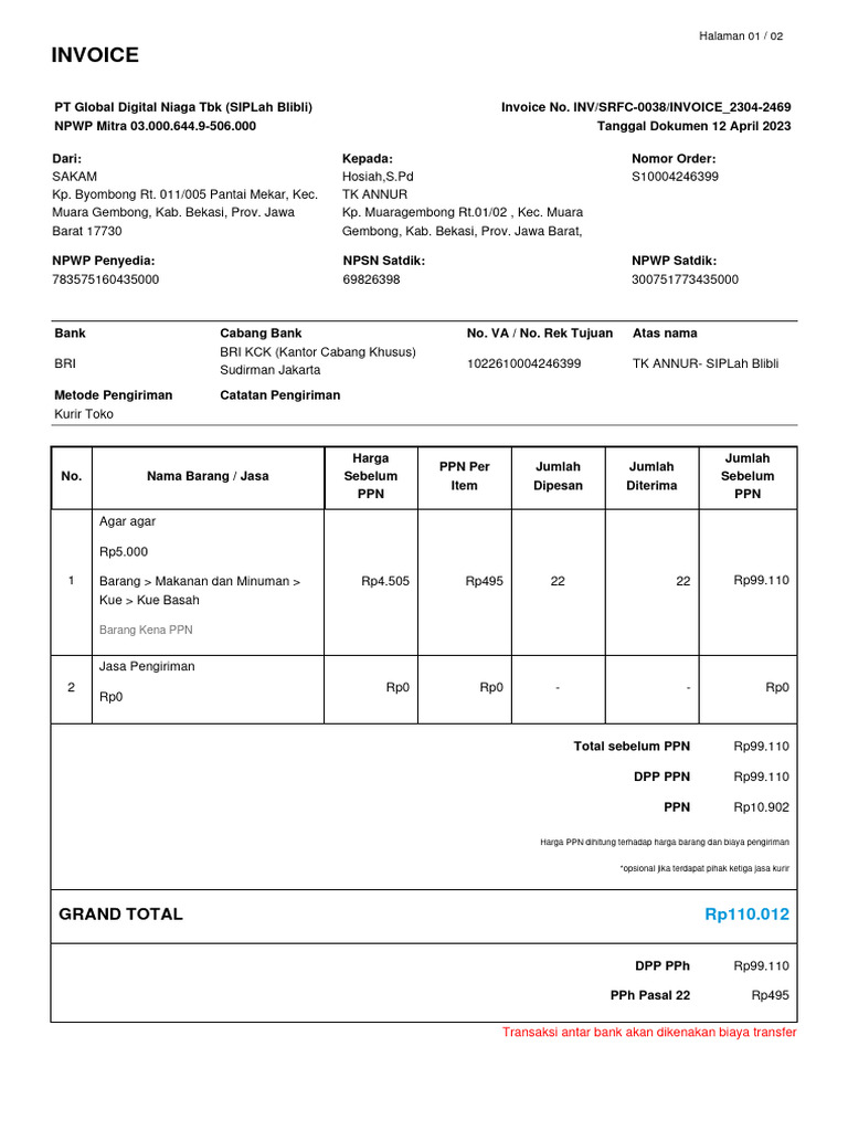 Invoice PPN untuk TK ANNUR | PDF