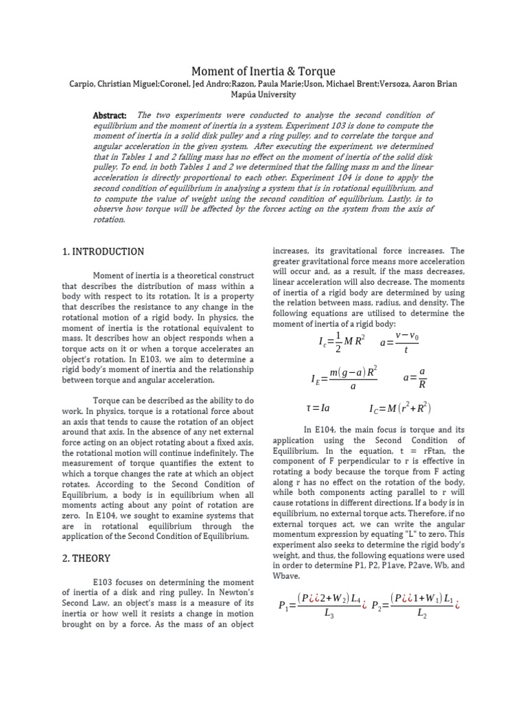 Carpio-Coronel-Razon-Uson-Versoza - Lab Report Week 3 - PHYS101L | PDF | Rotation Around A Fixed ...