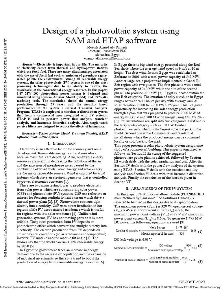 Design of a Photovoltaic System Using SAM and ETAP Software | PDF ...