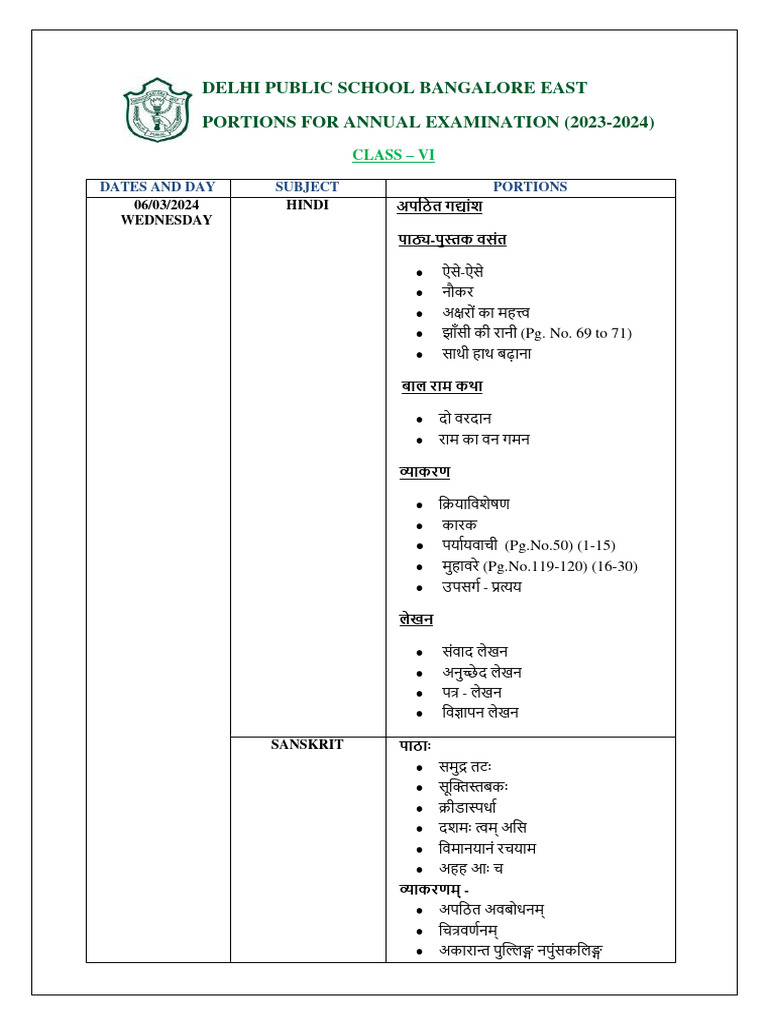 Class 6 Annual Exam Portions 20241707281669074 | PDF