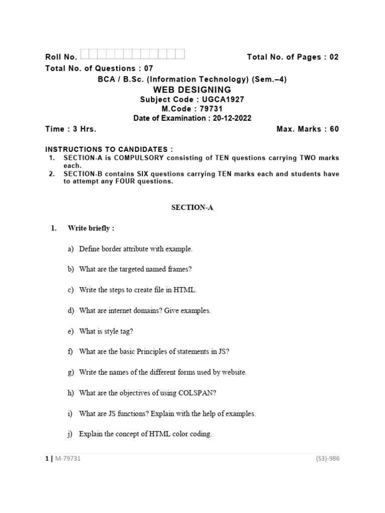 Bca BSC 4 Sem It Web Designing 79731 Dec 2022 | PDF | Html | Dynamic Html