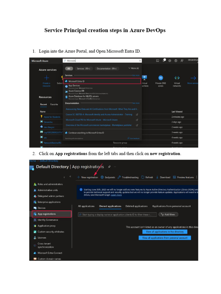 Service Principal Creation Steps in Azure DevOps | PDF