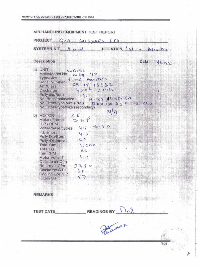 AHU Test Report | PDF