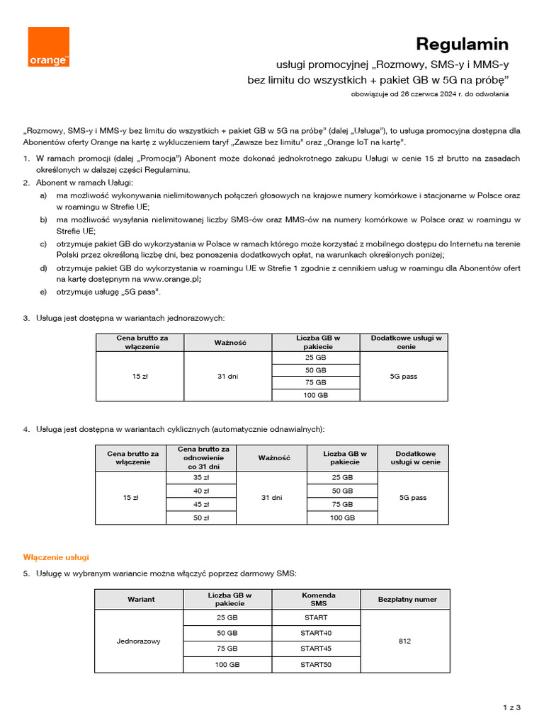 Regulamin Us Ugi Promocyjnej Rozmowy, SMS-y I MMS-y Bez Limitu Do Wszystkich + Pakiet GB W 5G Na ...