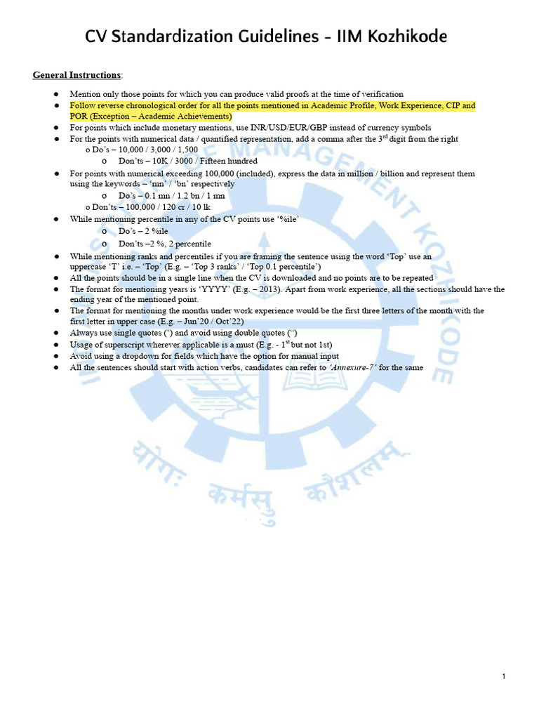 CV Standardization Guidelines 2024 | PDF | Master Of Science | Engineering