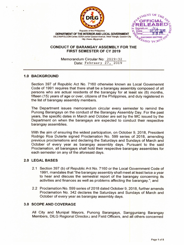 MC 2019-32 - Conduct of Barangay Assembly For First Semester of CY 2019 ...