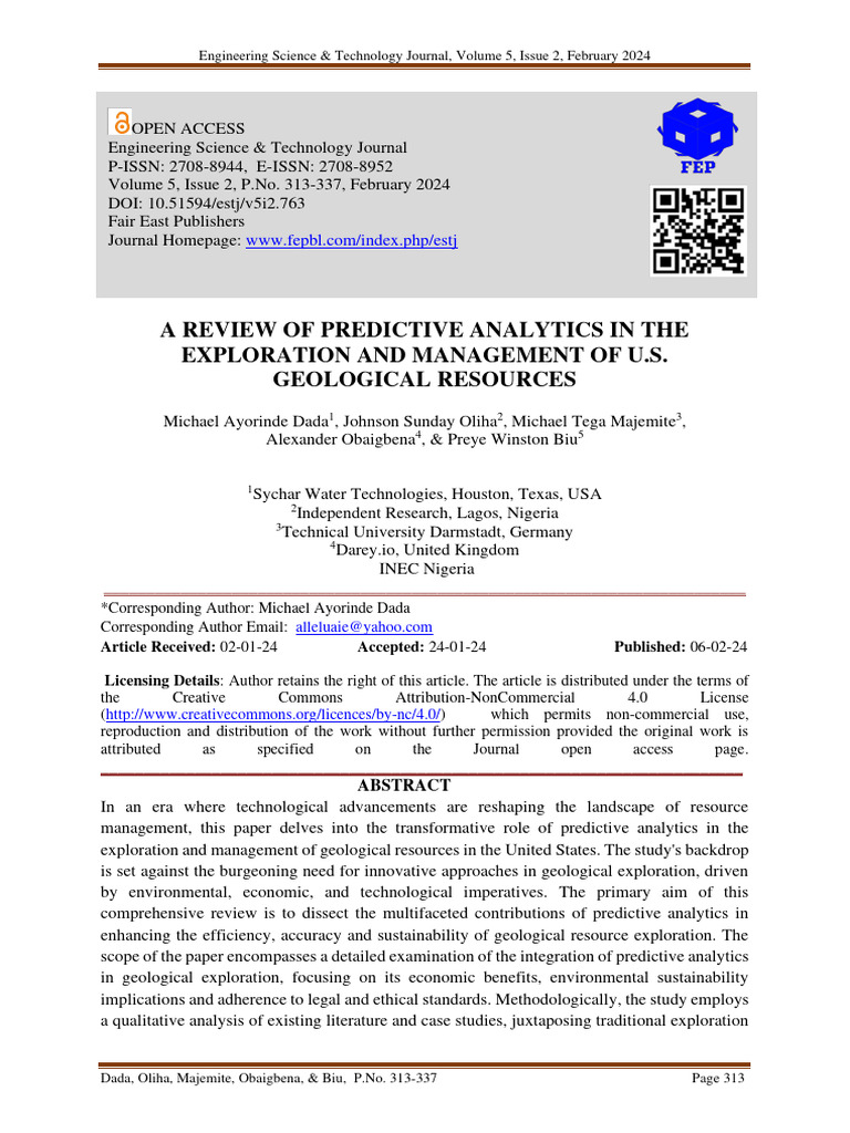 A Review of Predictive Analytics in The Exploration and Management of U.S. Geological Resources ...