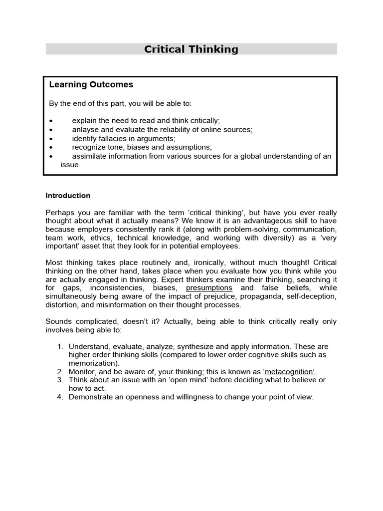 Introduction to Critical Thinking Skills | PDF | Critical Thinking ...
