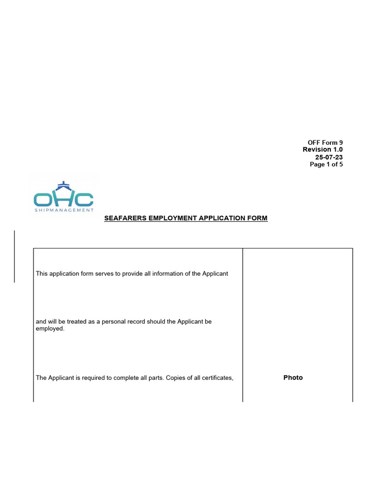 Seafarers Employment Application Form | PDF | Shipping