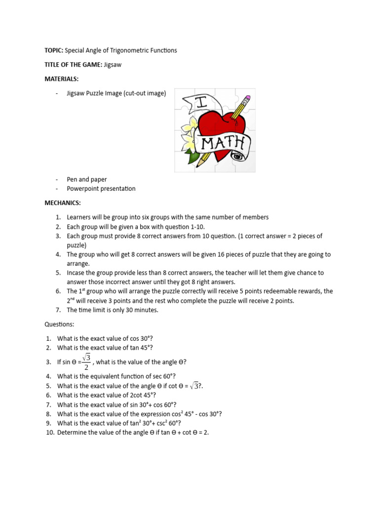 Special Angles Of Trigonometric Functions Pdf