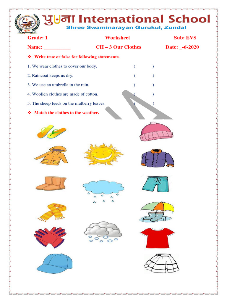 Grade 1 EVS Worksheet: Our Clothes | PDF