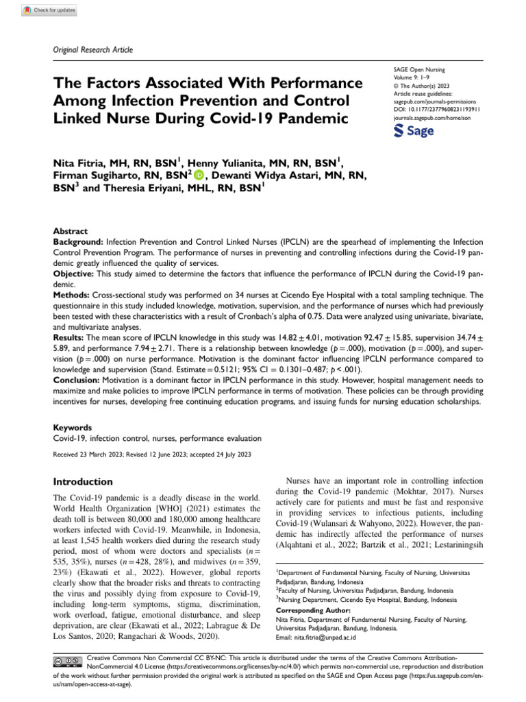 Fitria Et Al 2023 The Factors Associated With Performance Among Infection Prevention And Control