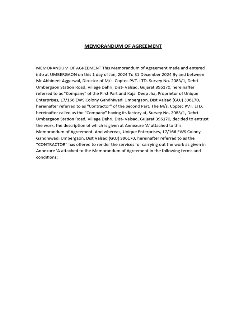 MEMORANDUM OF AGREEMENT | PDF | Employment | Labour Law