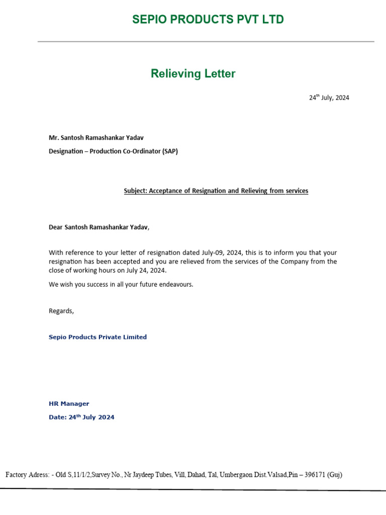 Relieving Letter for Santosh Yadav | PDF