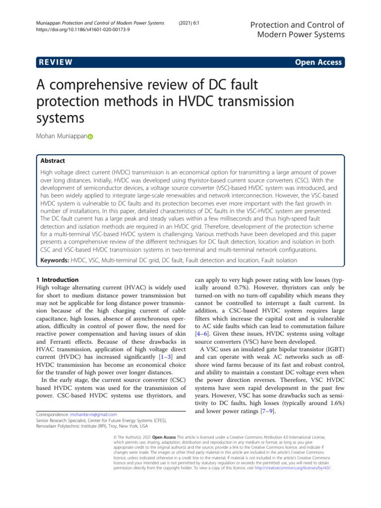 A Comprehensive Review of DC Fault Protection Methods in HVDC ...