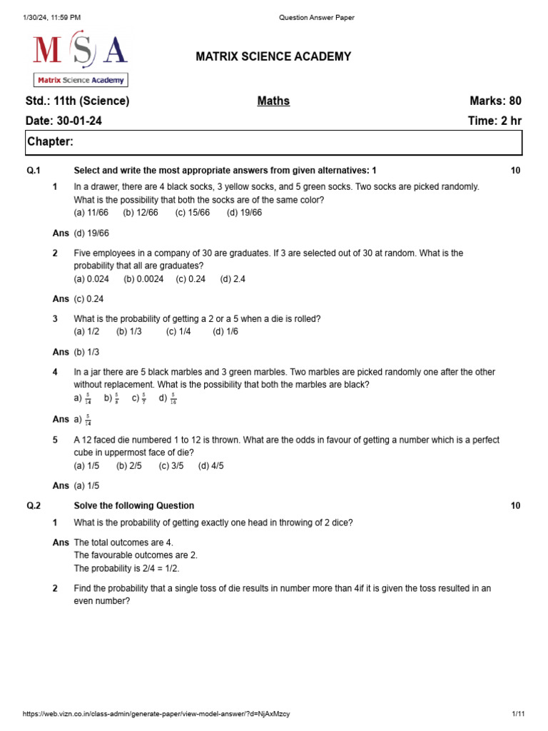 Maths_Question Bank with Answers | PDF | Odds | Probability