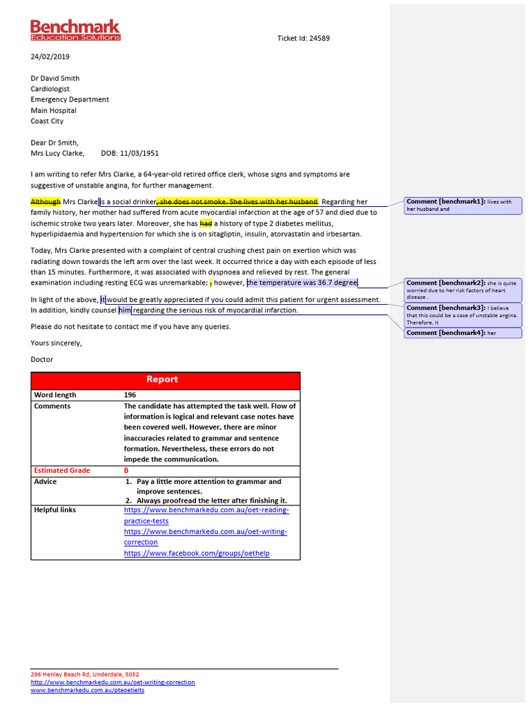 Benchmark Writing OET 3 | PDF | Internal Medicine | Diseases And Disorders