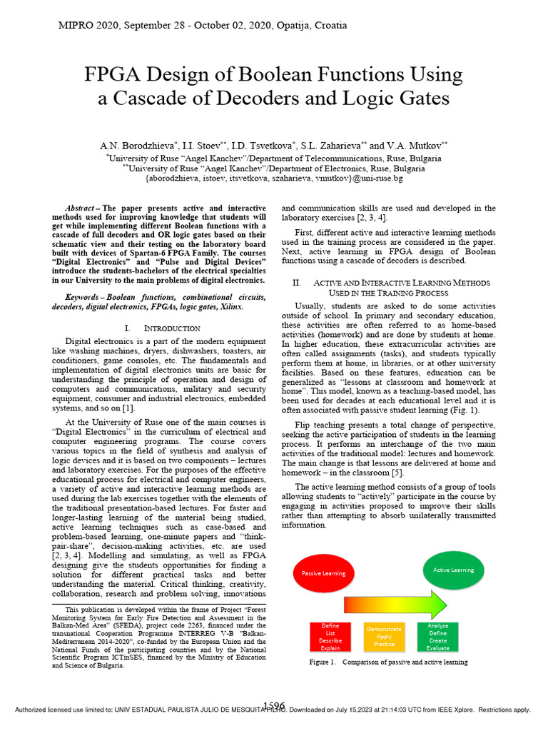 Fpga Design Of Boolean Functions Using A Cascade Of Decoders And Logic Gates Pdf Digital