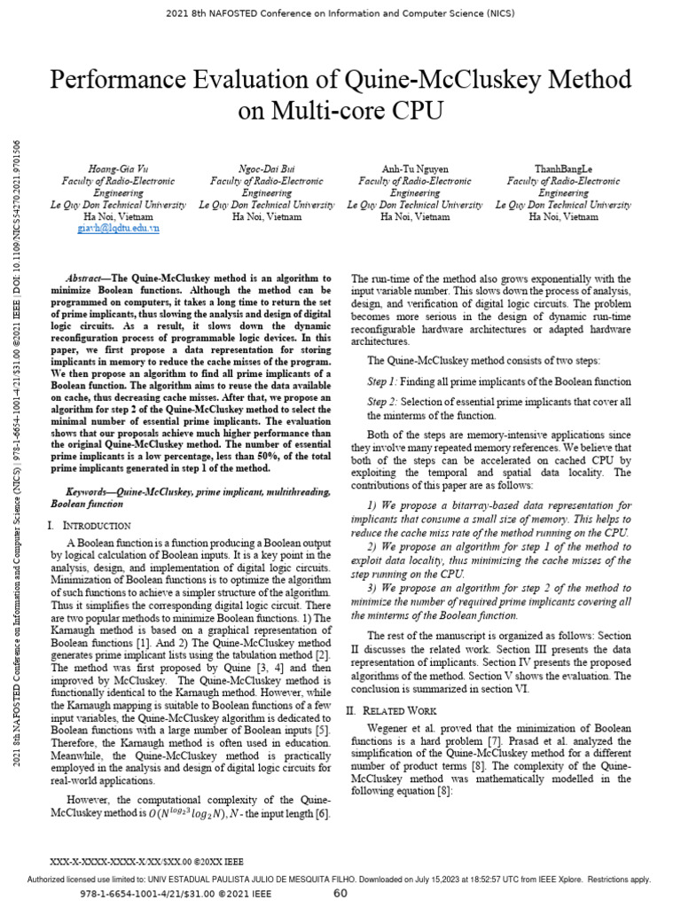 Performance Evaluation of Quine-McCluskey Method On Multi-Core CPU | PDF | Cpu Cache | Central ...