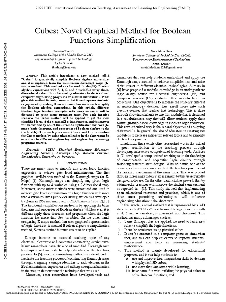 Cubes Novel Graphical Method For Boolean Functions Simplification | PDF