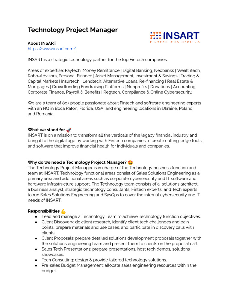 JD - Technology Project Manager - INSART Fintech Engineering | PDF | Project Management ...