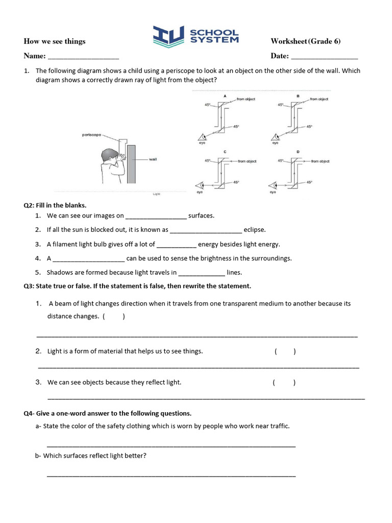 Grade 6 Light Reflection Worksheet | PDF | Shadow | Light